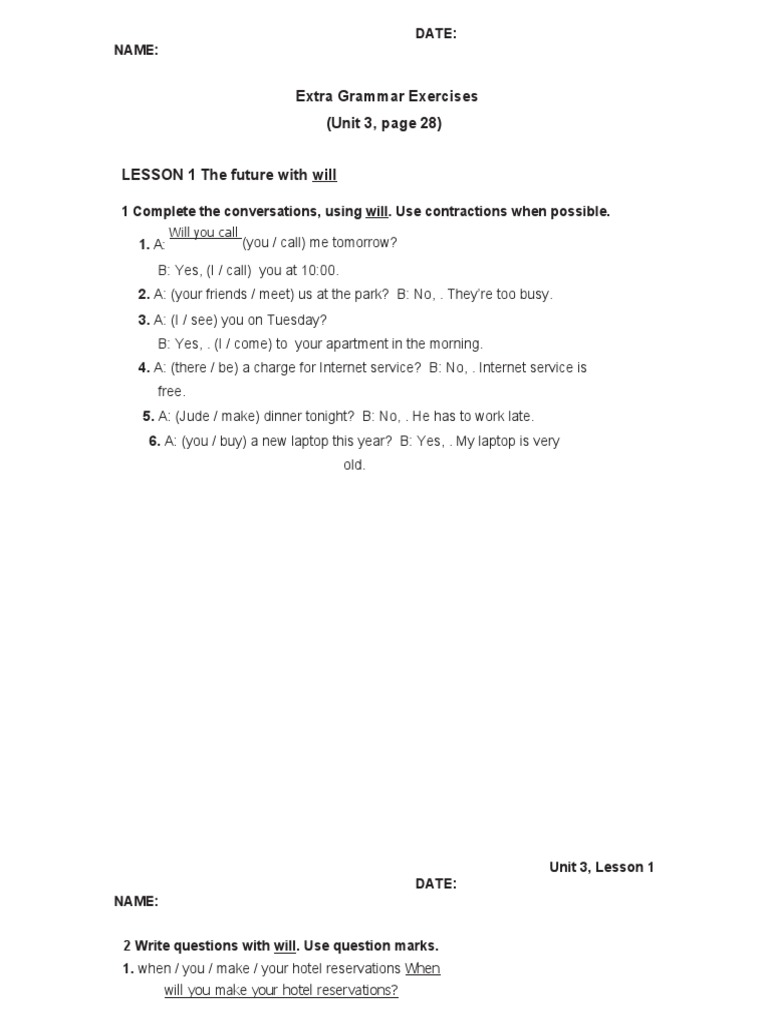 Unit - 03 - Extra - Grammar - Exercises W | PDF | Hotel