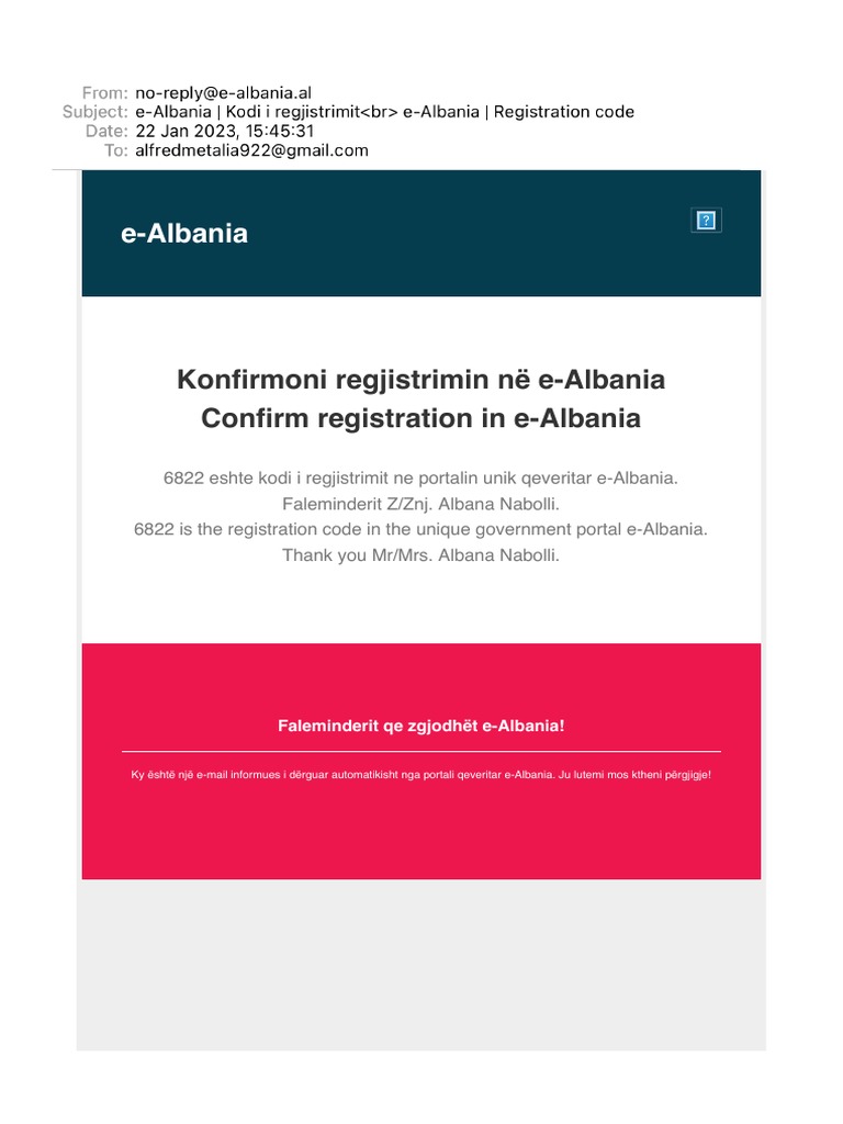 E-Albania Kodi I Regjistrimitbr E-Albania Registration Code | PDF