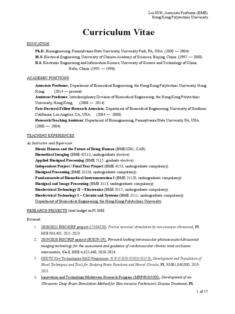 DR Lei SUN - CV | PDF | Biomedical Engineering | Medical Ultrasound