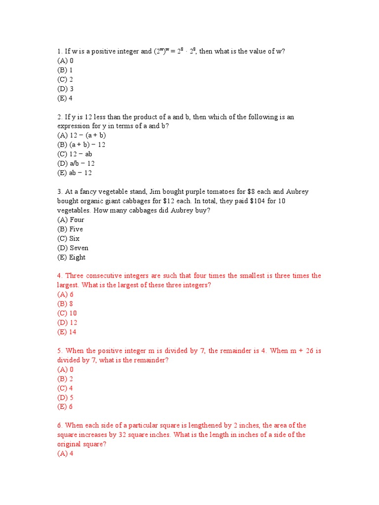 SAT Math Practice Questions 1 | PDF | Arithmetic | Elementary Mathematics
