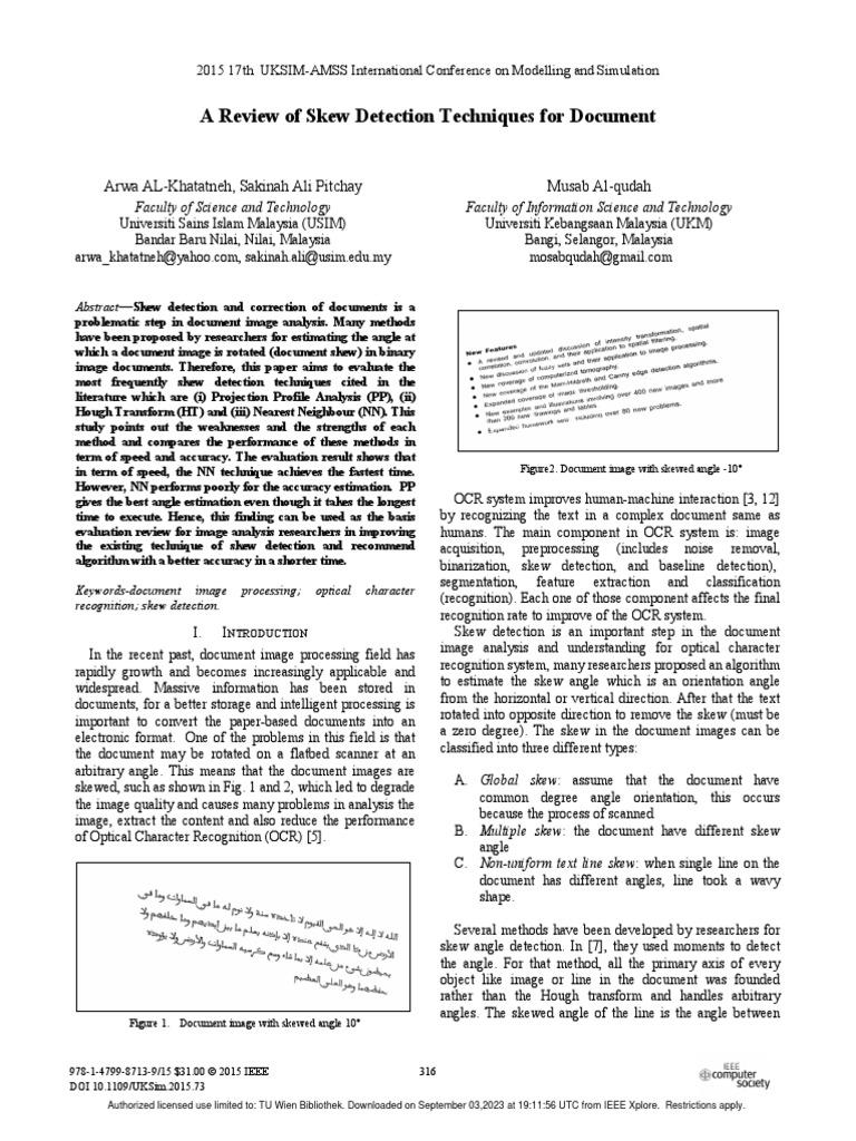 A Review Of Skew Detection Techniques For Document Pdf Optical Character Recognition