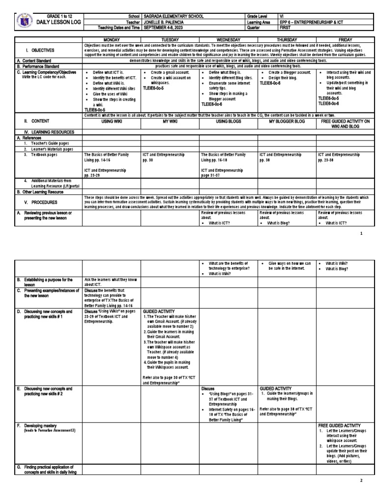 Tle 6 Ict Week 1 DLL | PDF | Educational Technology | Learning