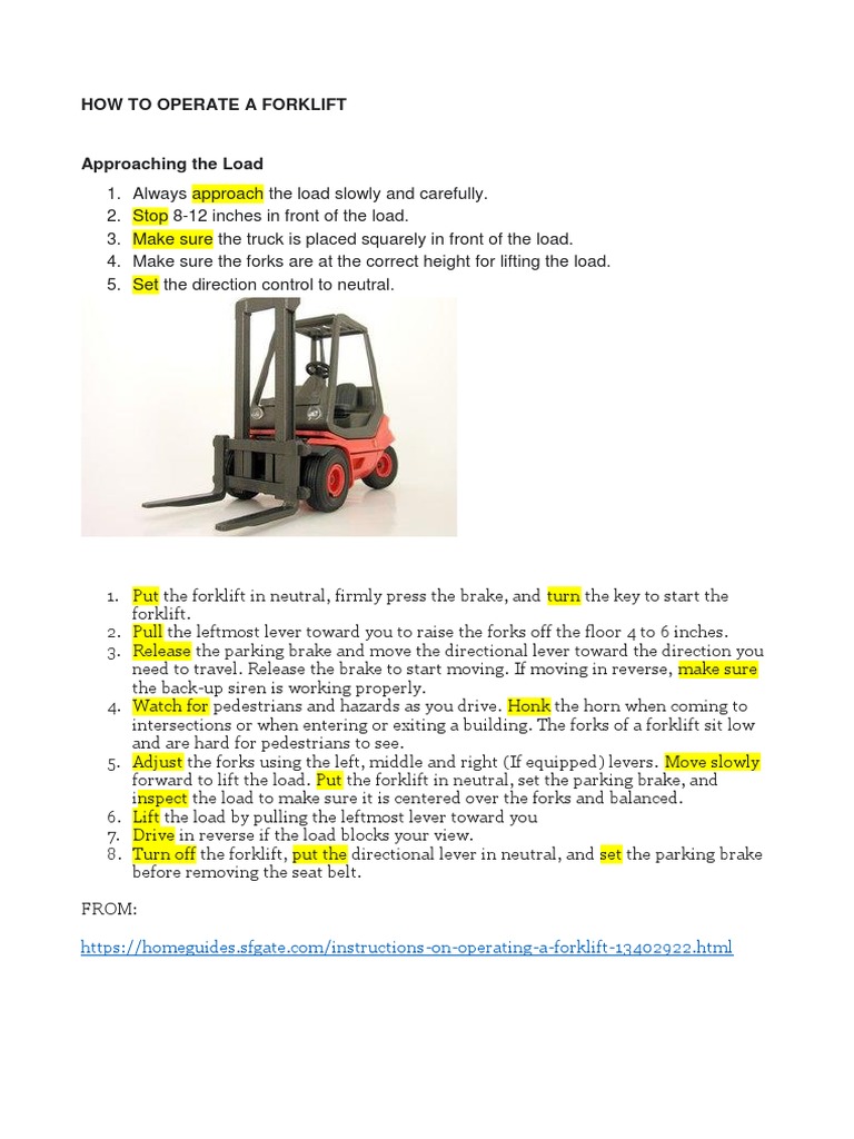How To Operate A Forklift | PDF