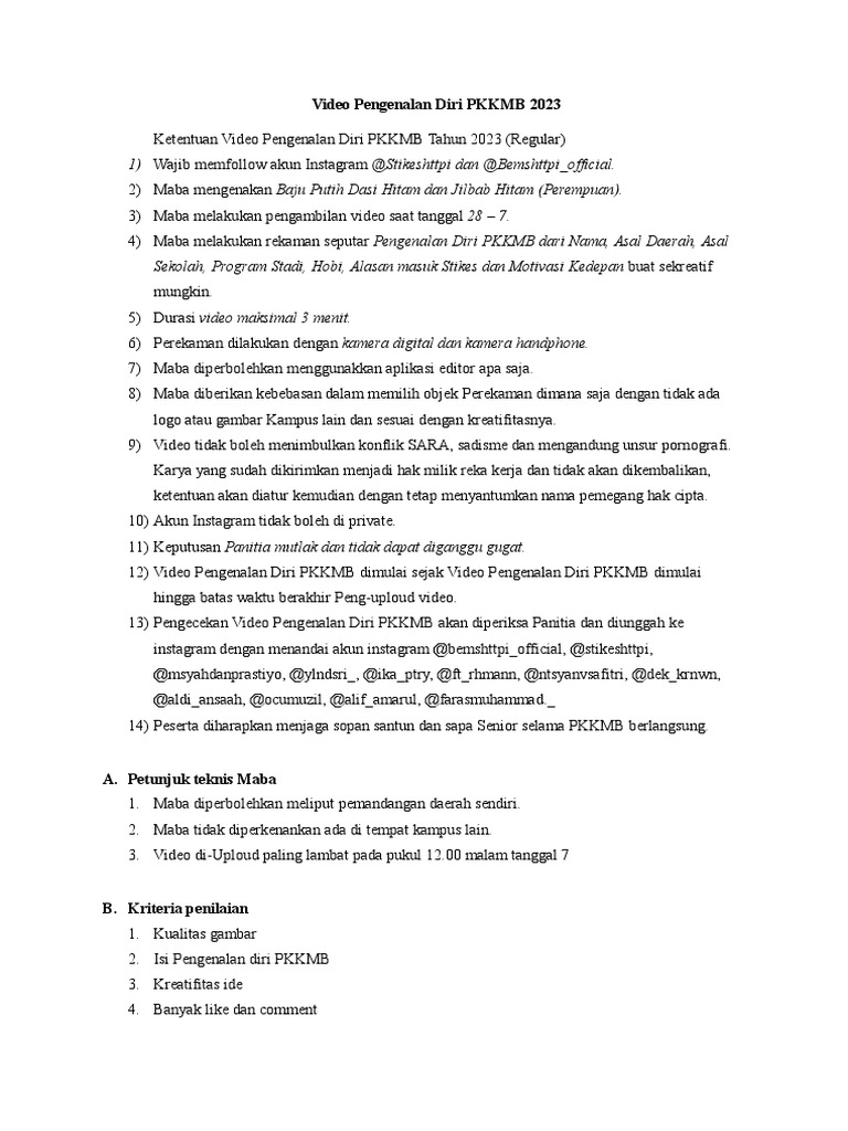 Petunjuk Pelaksana Dan Petujuk Teknis Video Penganalan Diri PKKMB 2023 | PDF