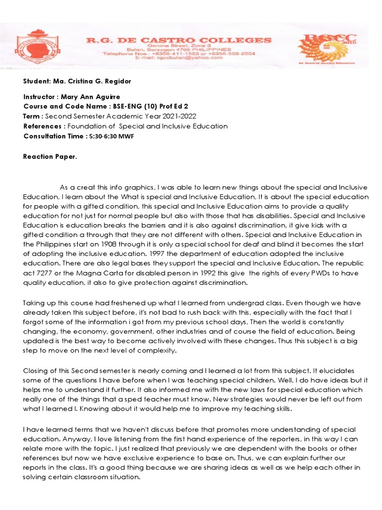 Reaction Paper Prof Ed 2 | Download Free PDF | Special Education ...