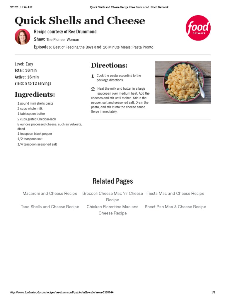 Quick Shells and Cheese Recipe - Ree Drummond - Food Network | PDF