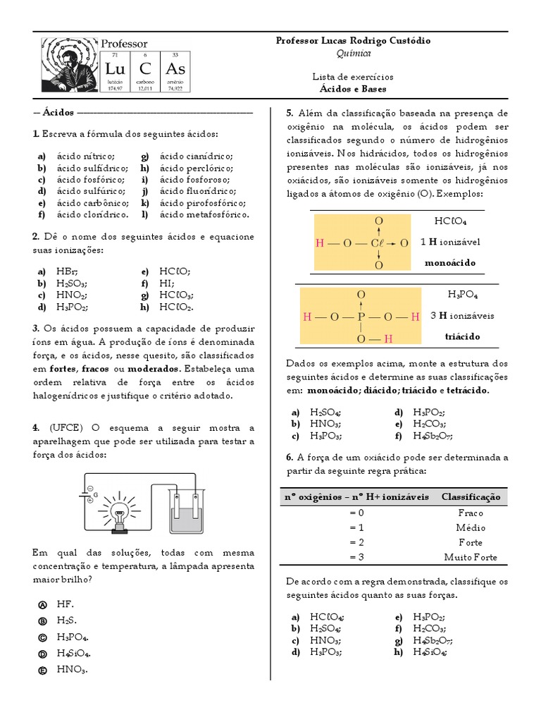 Lista de Exercícios - Ácidos e Bases | PDF | Ácido | Ph