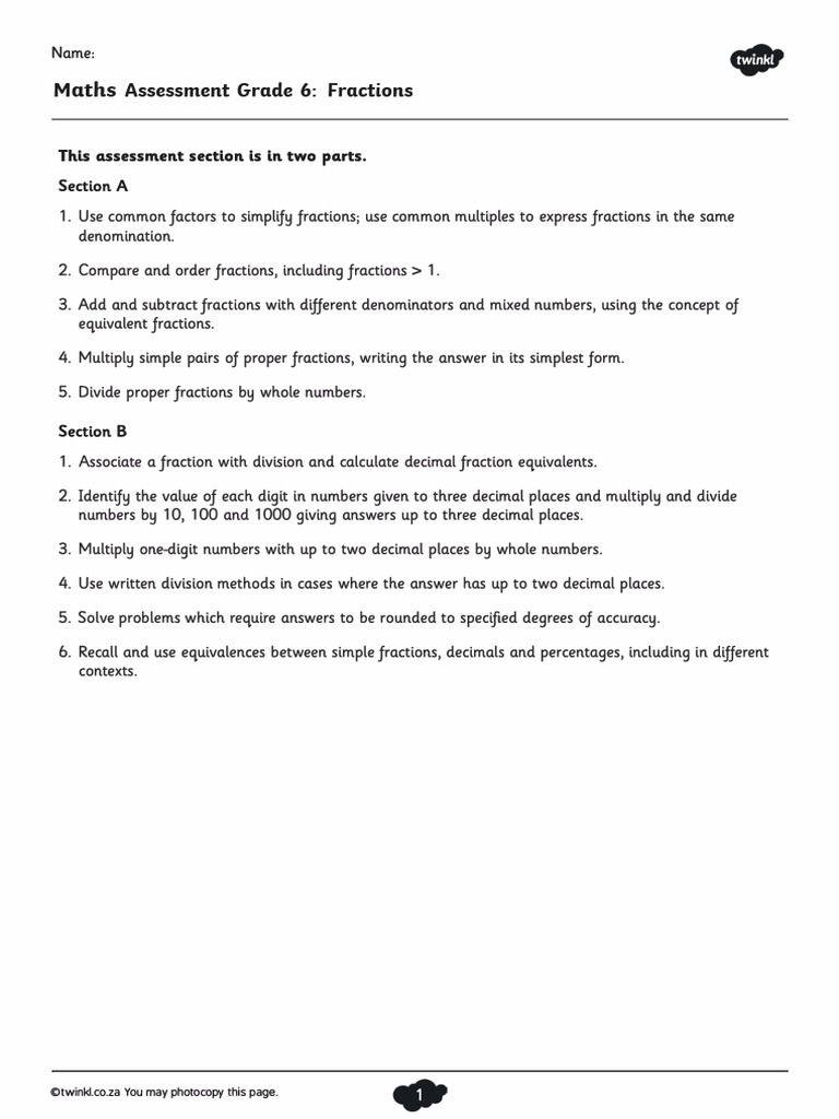 Za M 300 Maths Assessment Grade 6 - Fractions - Ver - 1 | PDF ...
