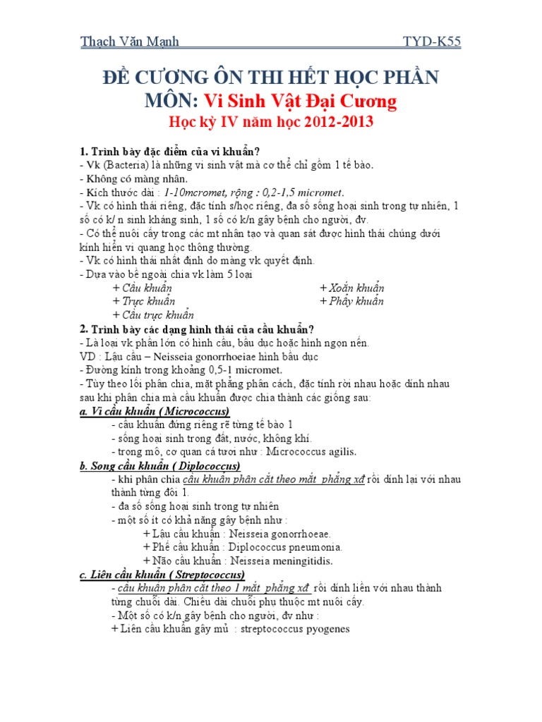 De Cuong Vi Sinh Vat Dai Cuong Chuan 6726 | PDF