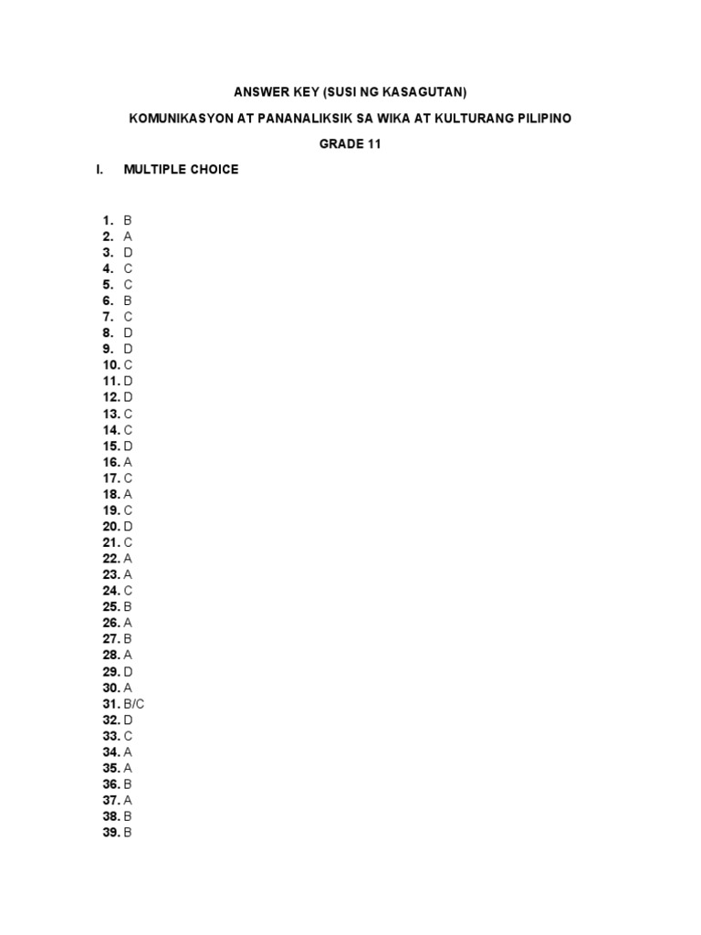 Answer Key (Susi Ng Kasagutan) - Komunikasyon at Pananaliksik Sa Wika ...