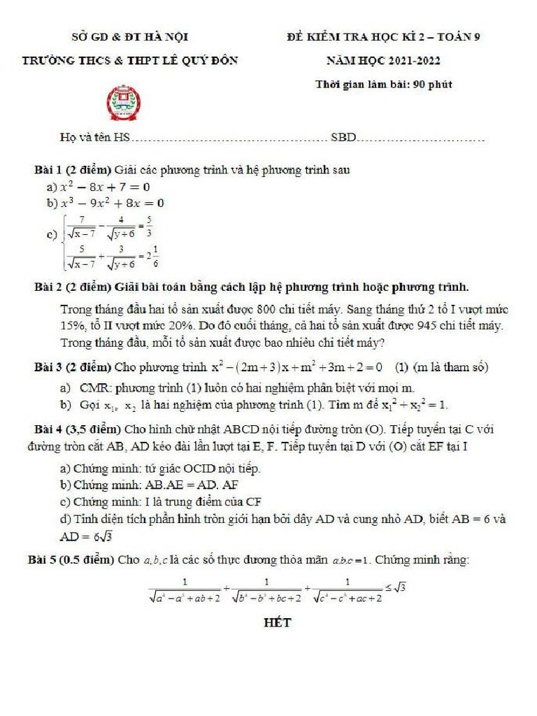 De Thi hk2 Toan 9 Nam 2021 2022 Truong THCSTHPT Le Quy Don Ha Noi | PDF