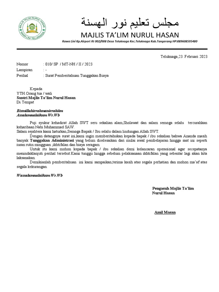 Surat Pemberitahuan Tunggakan Bayaran | PDF