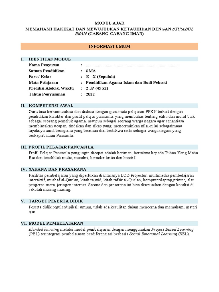 Modul Ajar Cabang-Cabang Iman | PDF