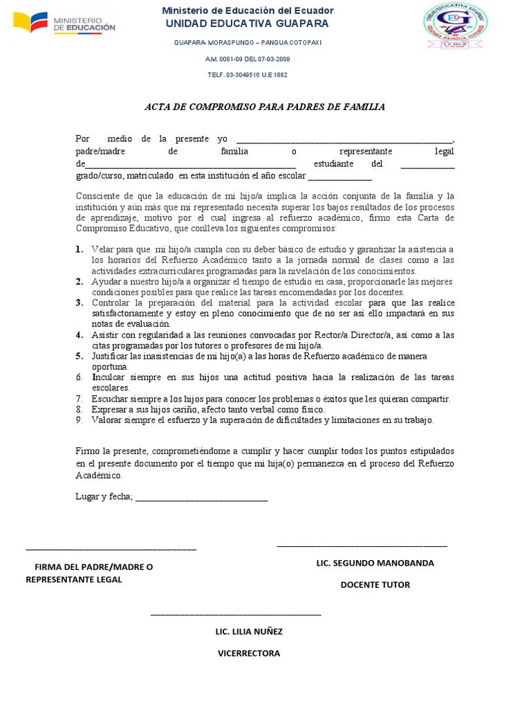 Modelo de Actas de Compromiso para Padres de Familia | PDF | Evaluación | Cognición