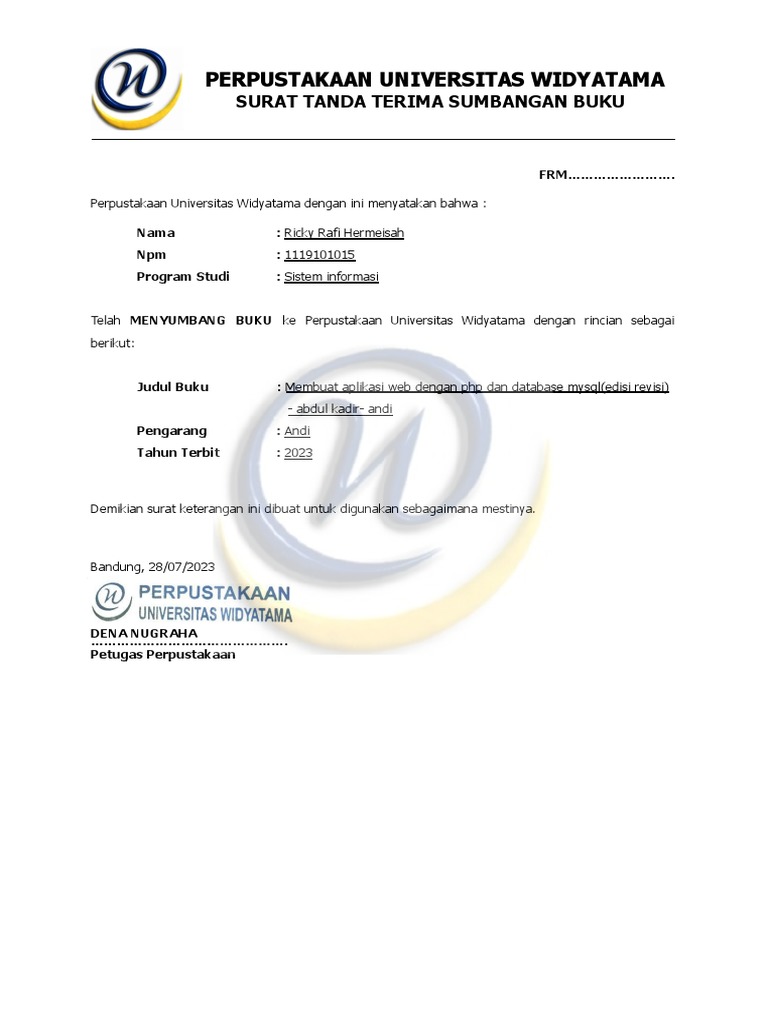 Tanda Terima Sumbangan Buku Ricky Rafi Hermeisah, 1119101015 | PDF