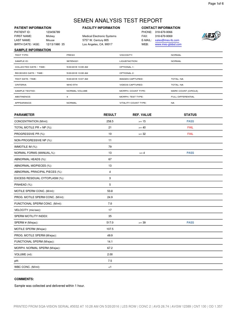 Semen Analysis Test Report: Patient Information Facility Information ...