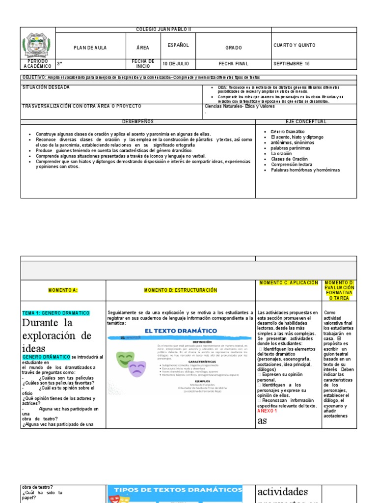 ESPAÑOL 4° y 5° Plan de Aula 3° Periodo | PDF | Teatro | Comprensión ...
