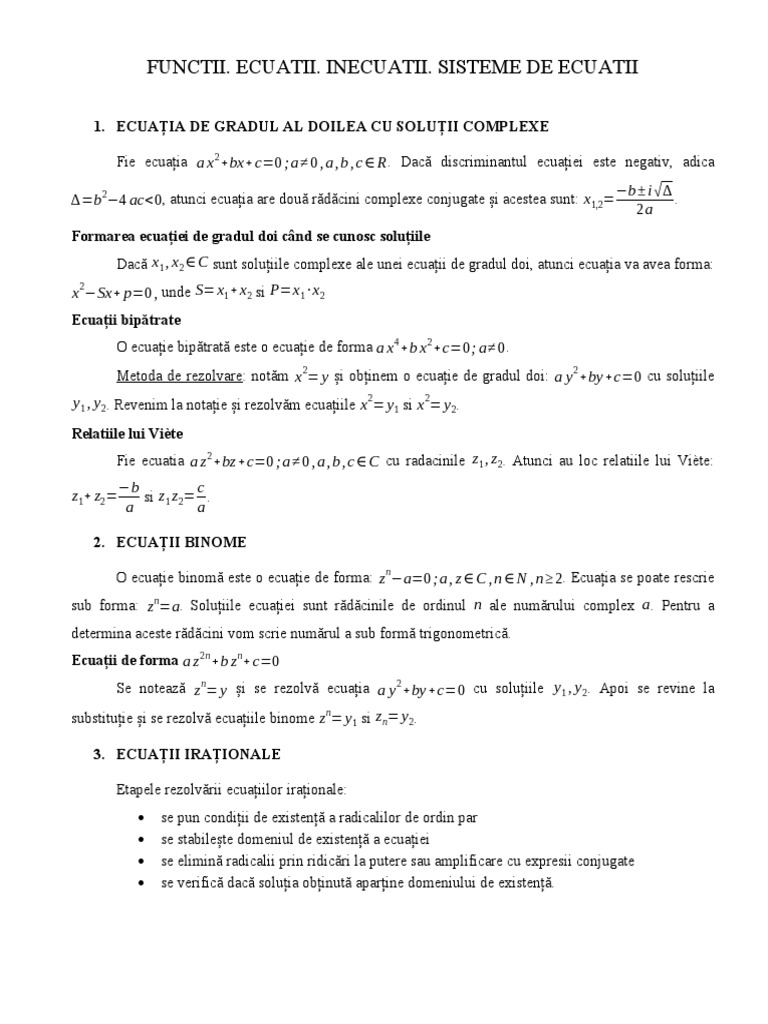 Functii. Ecuatii. Sisteme de Ecuatii - Teorie Clasa A 10-A | PDF