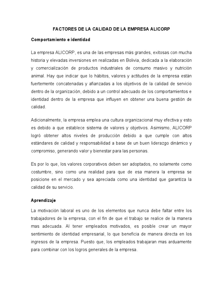Factores de La Calidad de La Empresa Alicorp | Descargar gratis PDF | Business | Economias