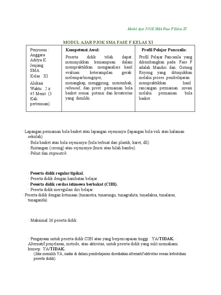Modul Ajar Pjok Sma Fase F Kelas Xi Softball | PDF