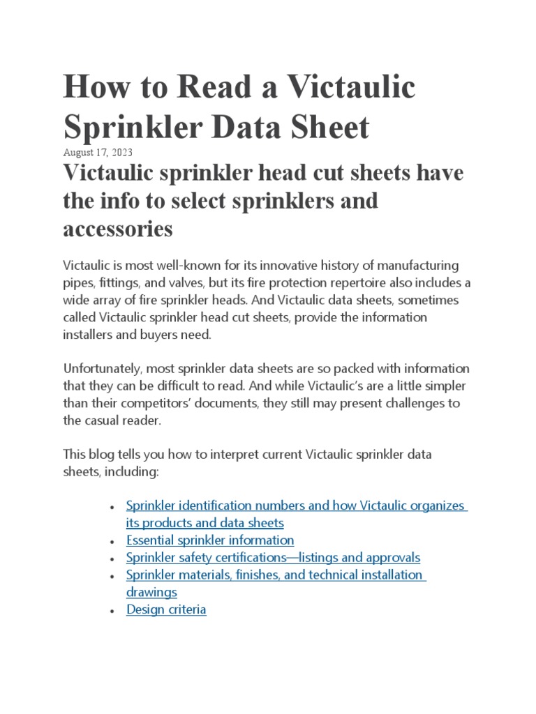 Victaulic Sprinkler Data Sheet | PDF | Fire Sprinkler System | Safety