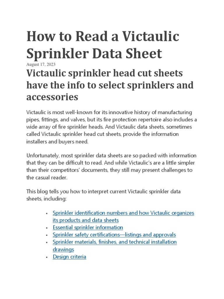 Victaulic Sprinkler Data Sheet | PDF | Fire Sprinkler System | Safety
