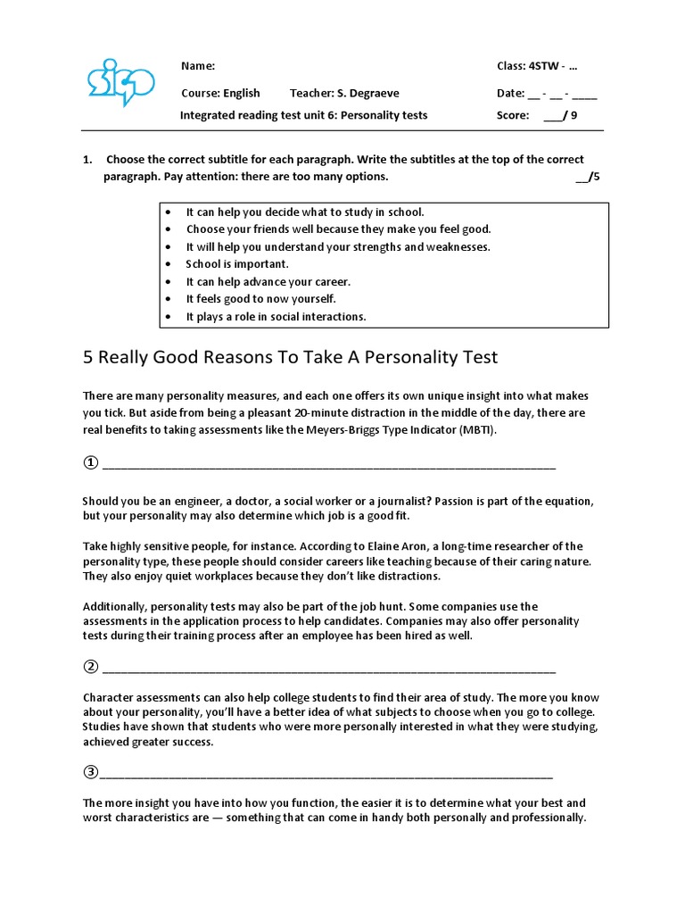 Unit 4 - Short Reading Comprehension Test | PDF | Psychology ...