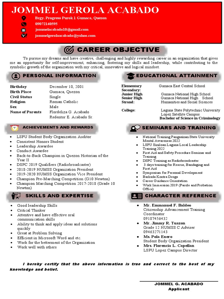 Career Objective: Personal Information Educational Attainment | PDF | Leadership | Cognitive ...