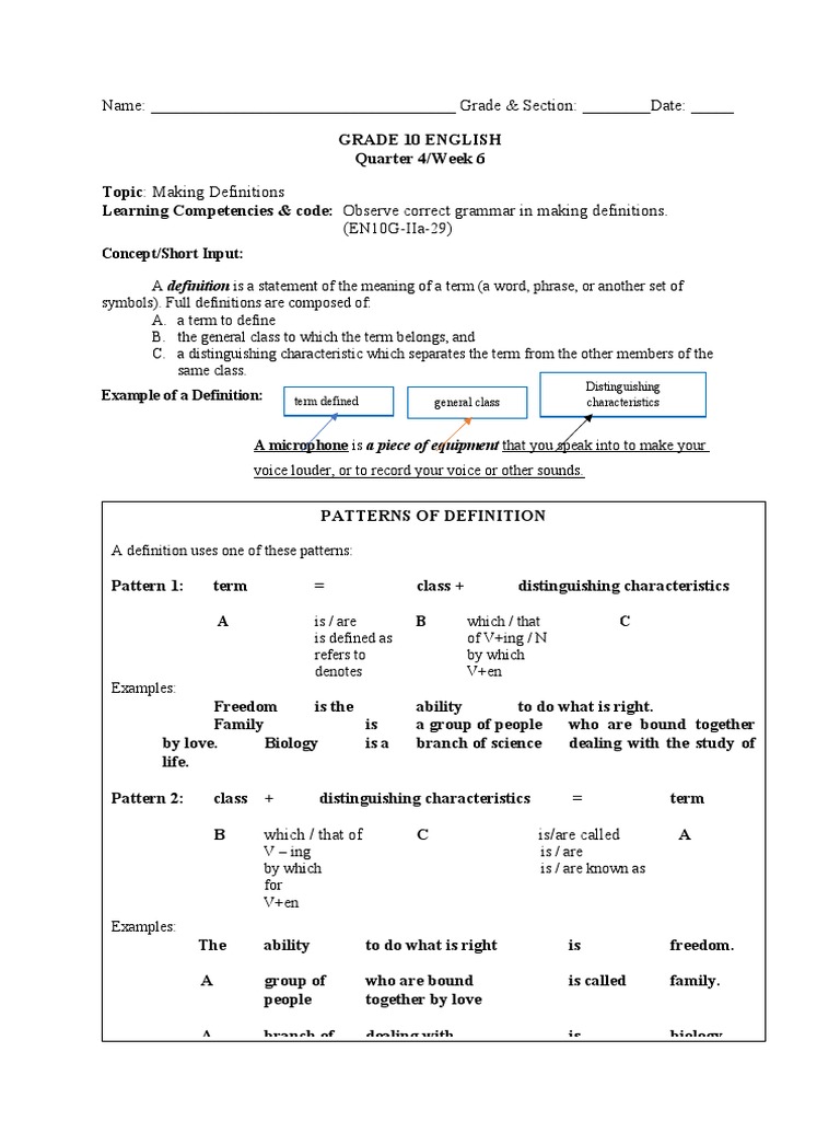 E10 Q4 W6 Observe Correct Grammar in Making Definitions Final 1 | PDF ...