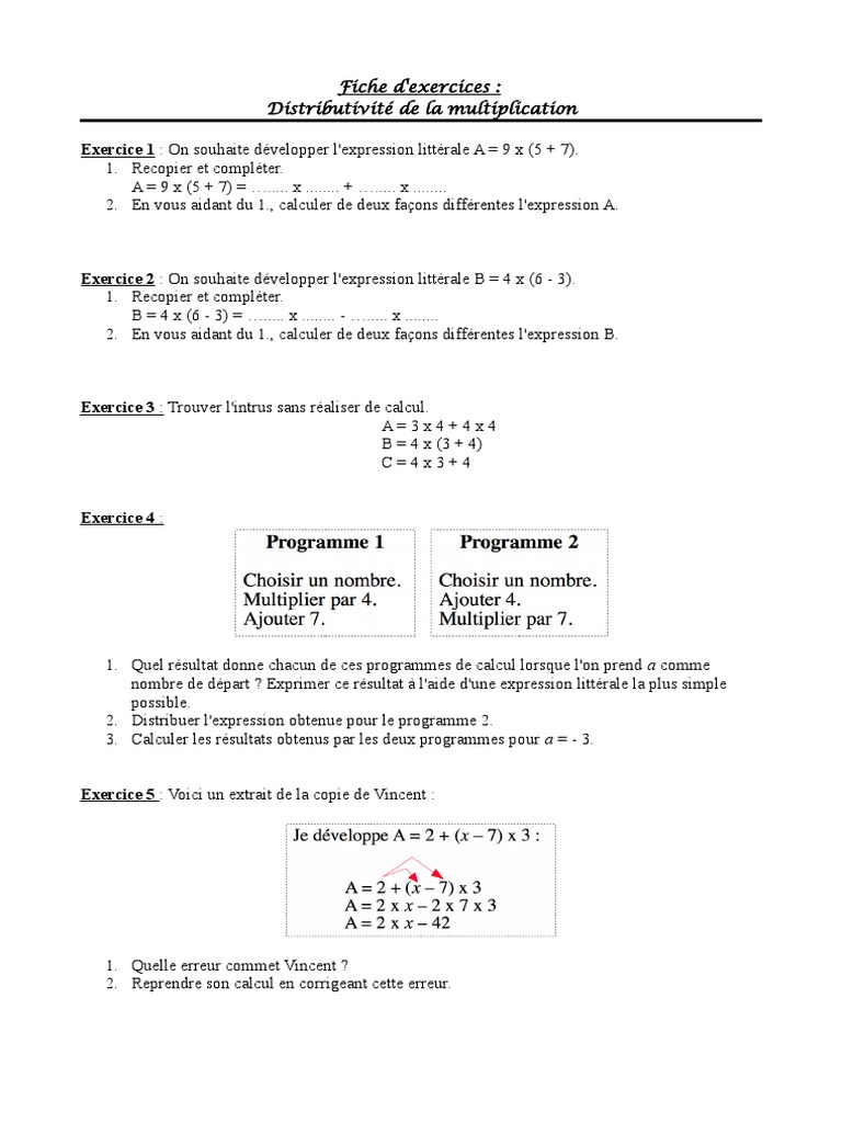 Fiche Exercices Distributivite | PDF