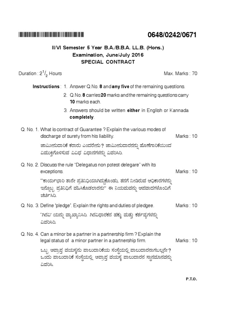 Special Contract Question Papers | PDF | Legal Concepts | Law Of ...