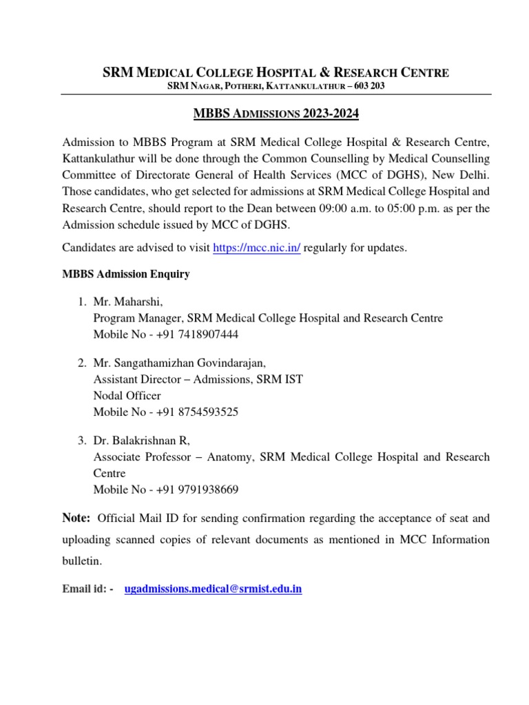 SRM MBBS Admissions 2023-2024 Details | PDF | Finance & Money Management