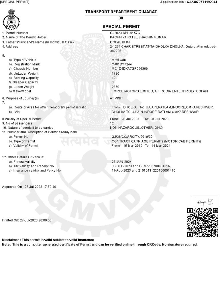 Gujarat Maxi Cab Special Permit | PDF | Land Transport | Vehicles