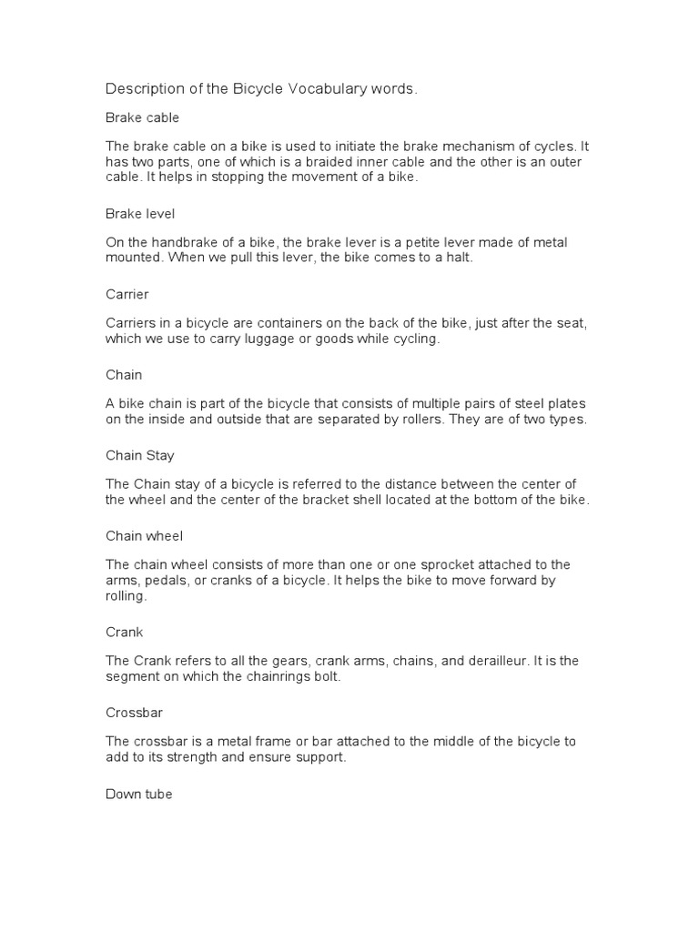 Description of The Bicycle Vocabulary Words | PDF | Vehicles | Transport