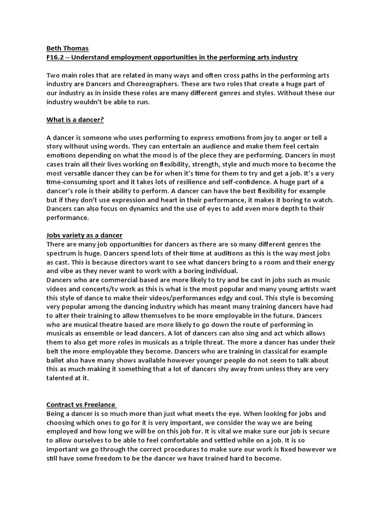 Beth Thomas F16.2 - Understand Employment Opportunities in The Performing Arts Industry | PDF ...