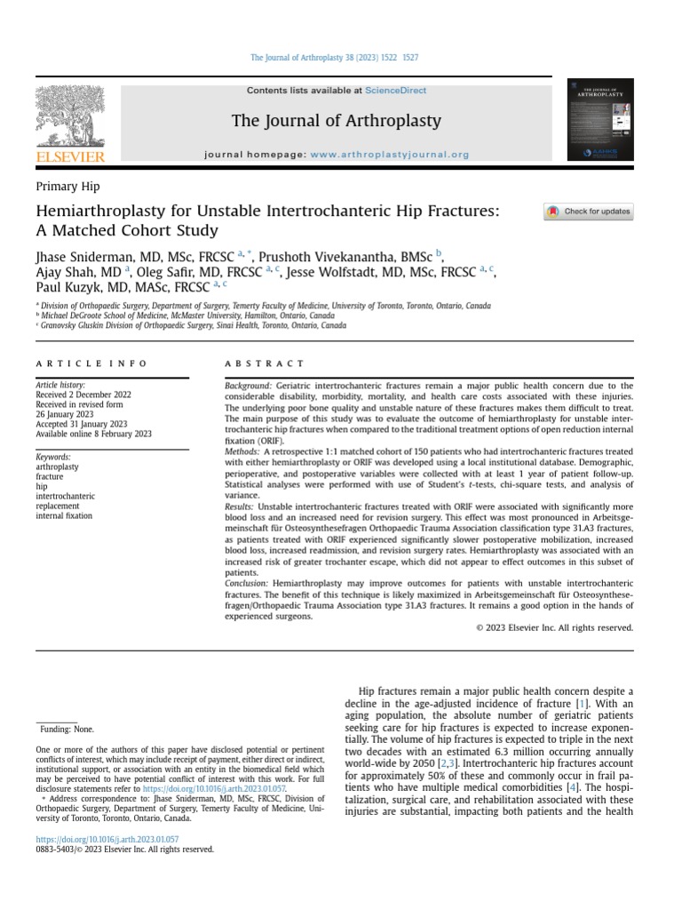 Hemiarthroplasty For Unstable Intertrochanteric Hip Fractures - A ...