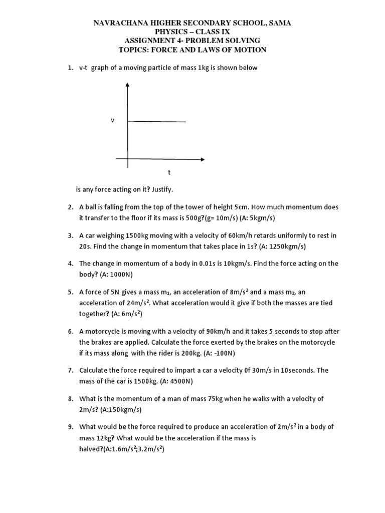 Class 9 Force and Motion Worksheet | PDF | Force | Acceleration
