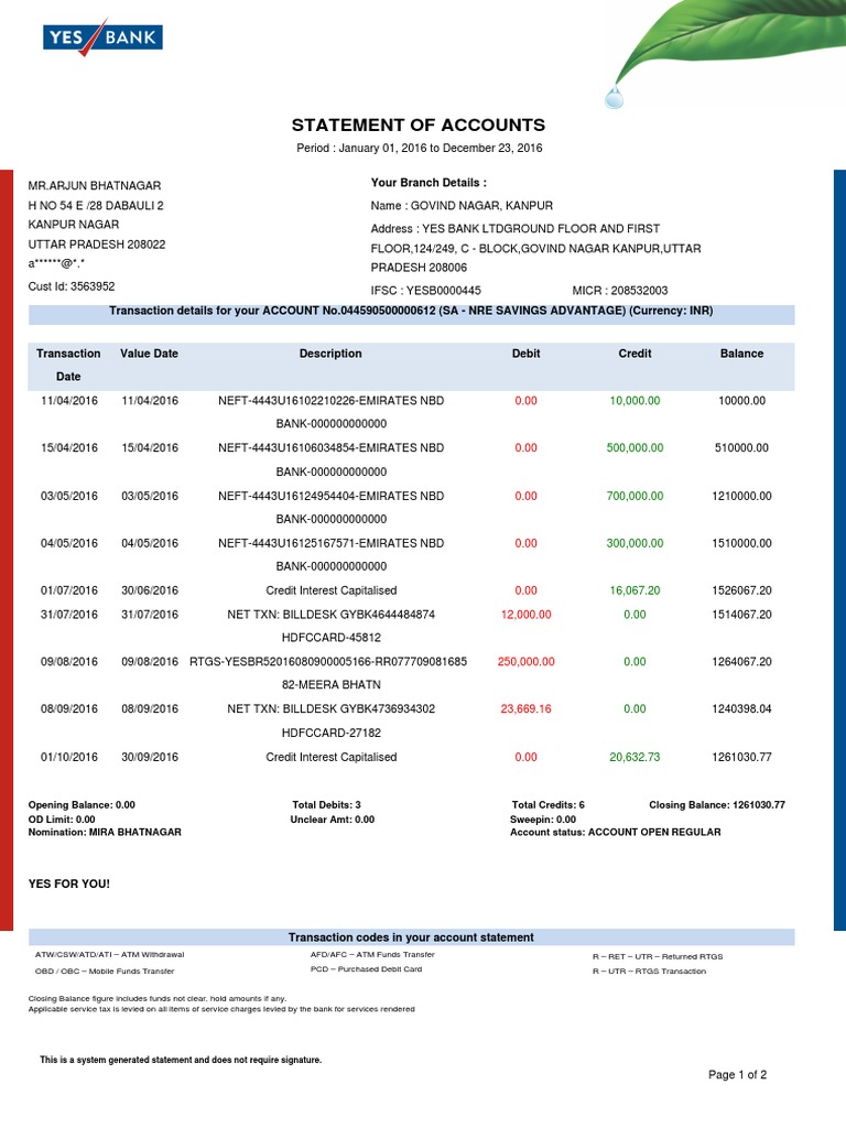 Statement of Accounts: Your Branch Details | PDF | Debit Card ...