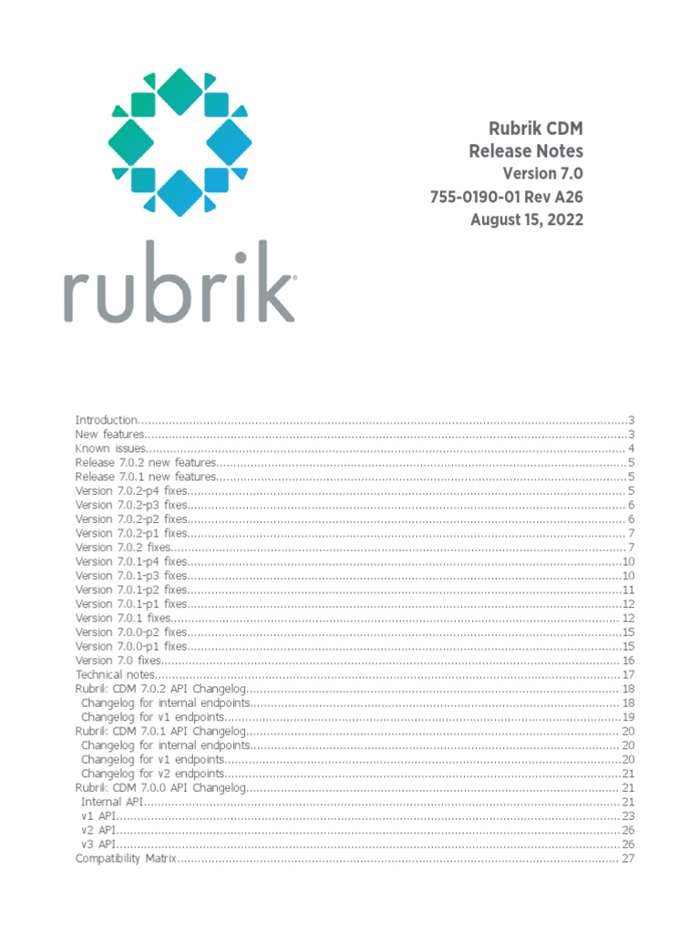 Rubrik CDM Version 7.0 Release Notes | PDF | Backup | Databases