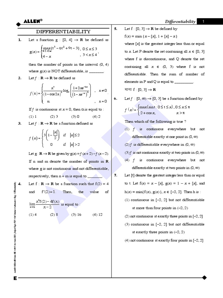 Differentiability - Allen Pyqs | PDF | Function (Mathematics) | Analysis