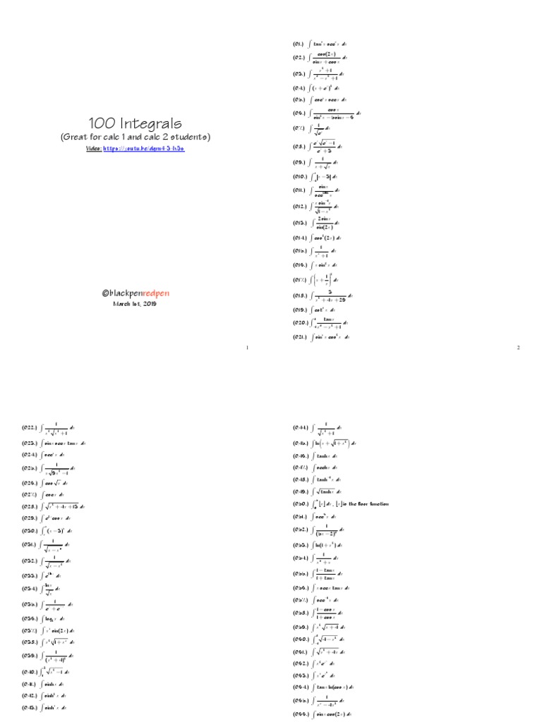100 Integrals Part 1 Questions Pdf Trigonometric Functions