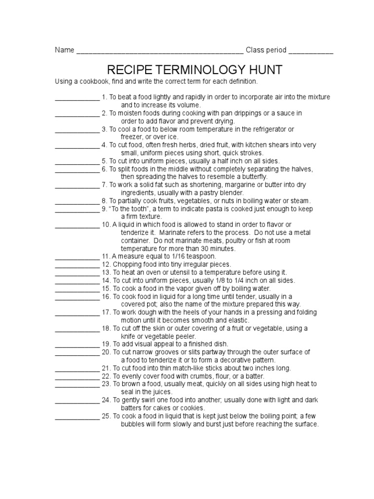 Food Recipe - Terminology | PDF