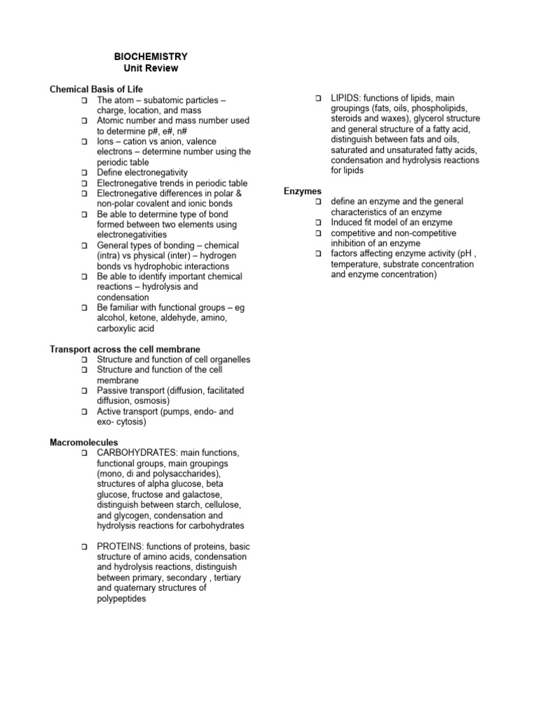 Biochemistry Unit Test Review | PDF