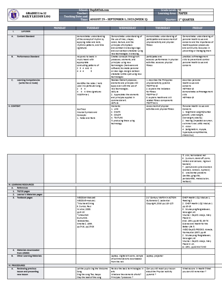 DLL - Mapeh 6 - Q1 - W1 | PDF | Learning | Physical Fitness