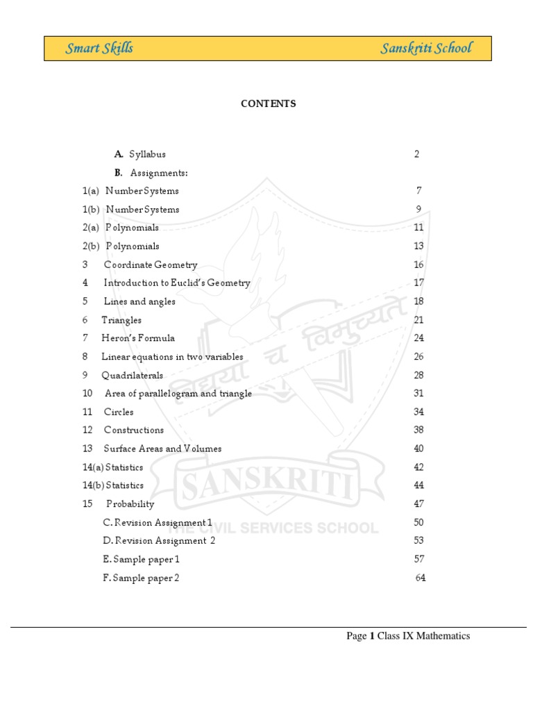 Sanskriti School Math Assignment CLass 9 | PDF
