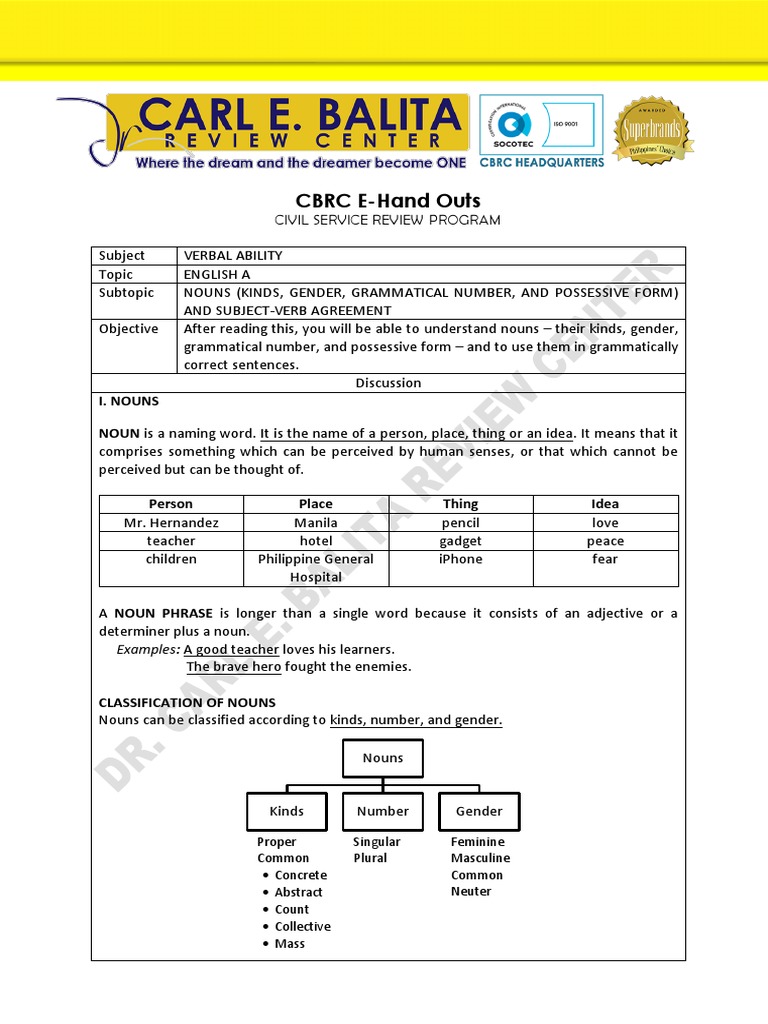 CBRC Handouts Noun and Subject Verb Agreement | PDF | Grammatical ...