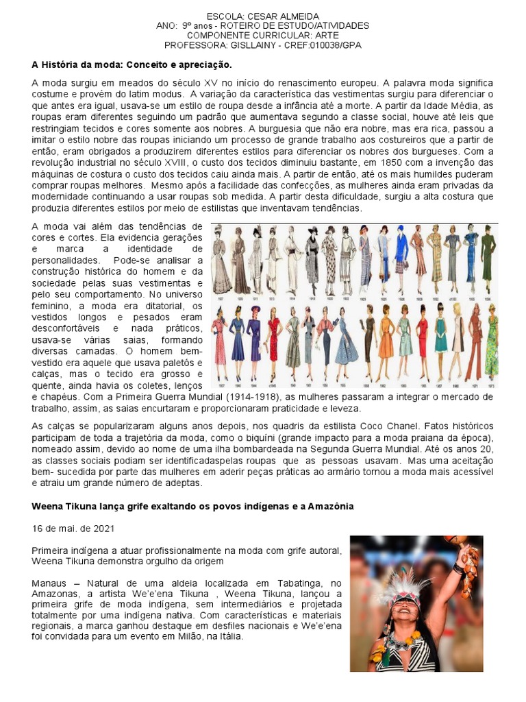 9 Ano 3 Atividades Artes Moda | Download grátis PDF | Roupas | Moda