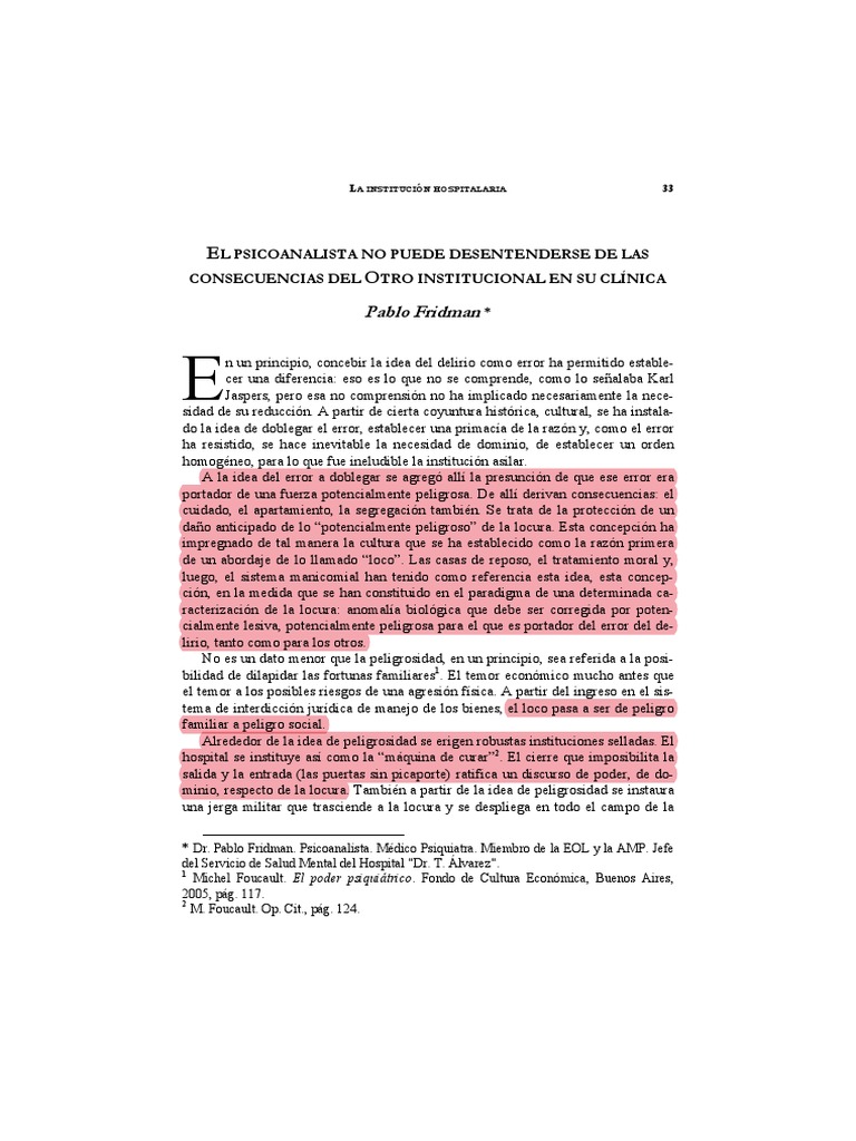 Fridman. Psicoanalisis y Hospital. LISTO | PDF | Psicoanálisis | Psicosis