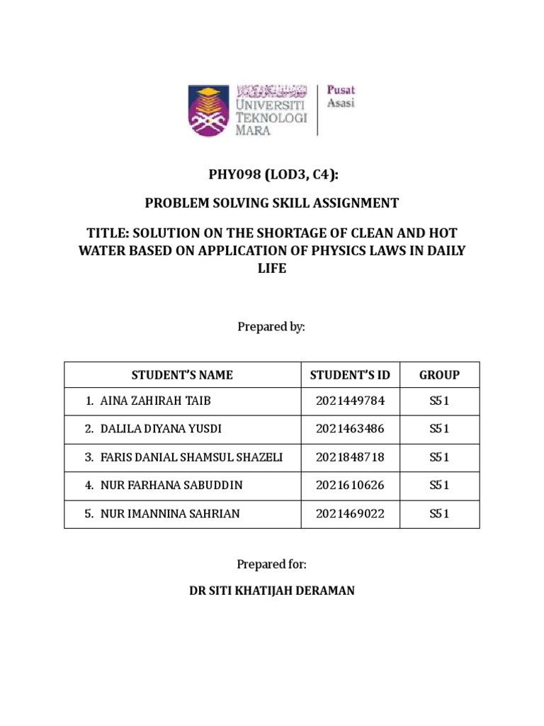 PHY098 Problem Solving Skill Assignment GP1 S51 | PDF | Water Heating | Electrical Resistance ...