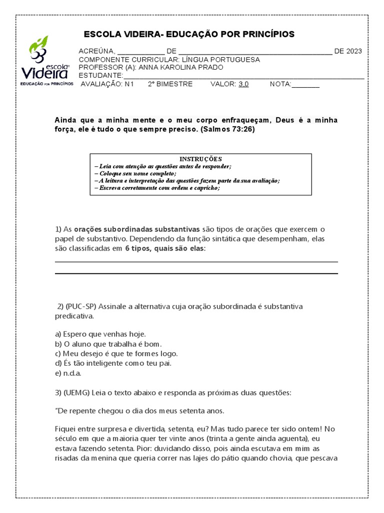 Prova N1 2B 9Â° ANO L PORTUGUESA | PDF | Sintaxe | Linguística